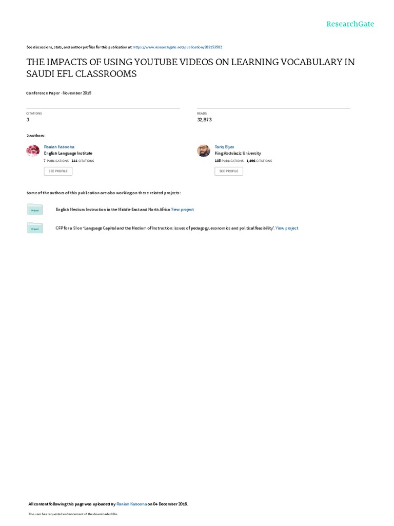 The Impacts of Using Youtube Videos On Learning Vocabulary in Saudi Efl ...