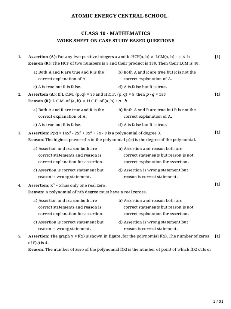Case Study and Reason - Assertion QNS, Class X | PDF | Numbers | Triangle