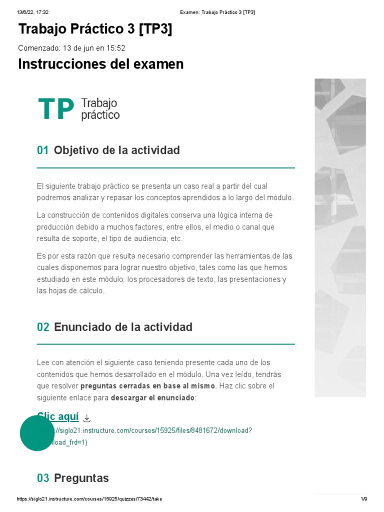 Examen - Trabajo Práctico 3 (TP3) 95% | PDF | Hoja de cálculo | Prueba (evaluación)