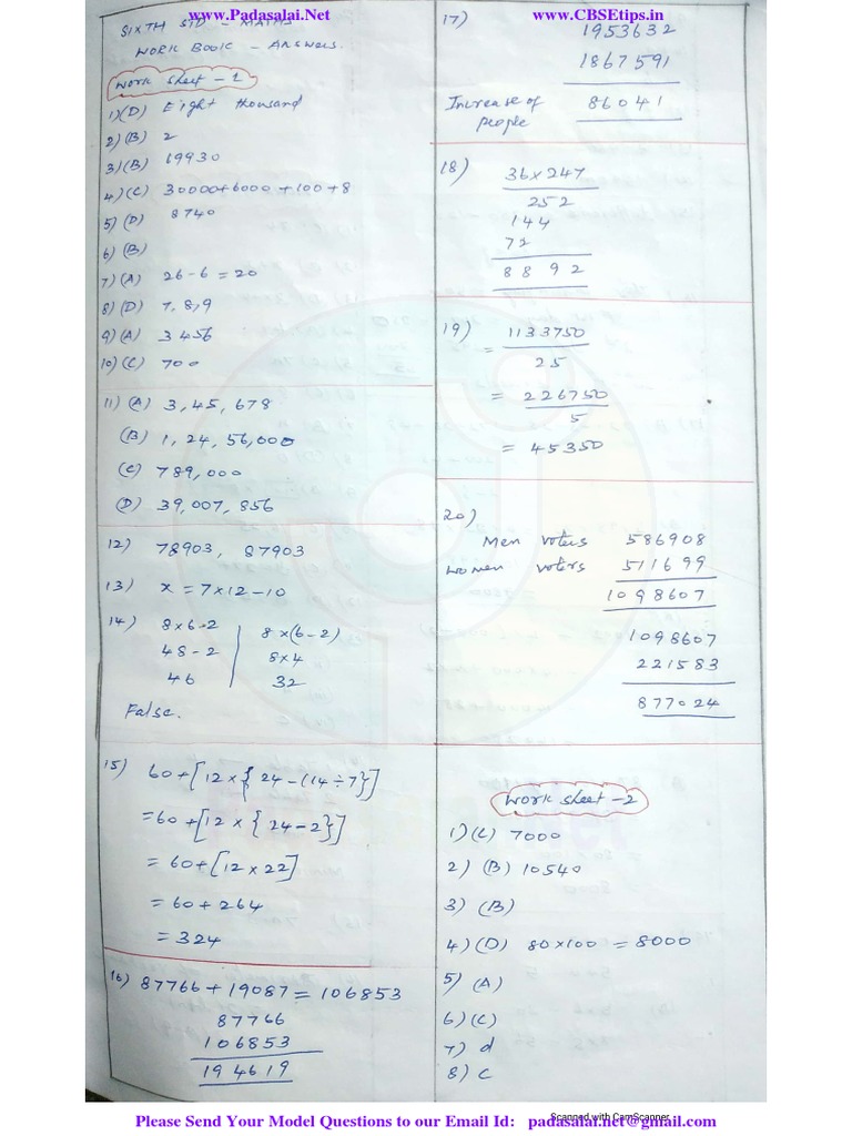 6th Maths Workbook Answer Key - English Medium PDF Download | PDF