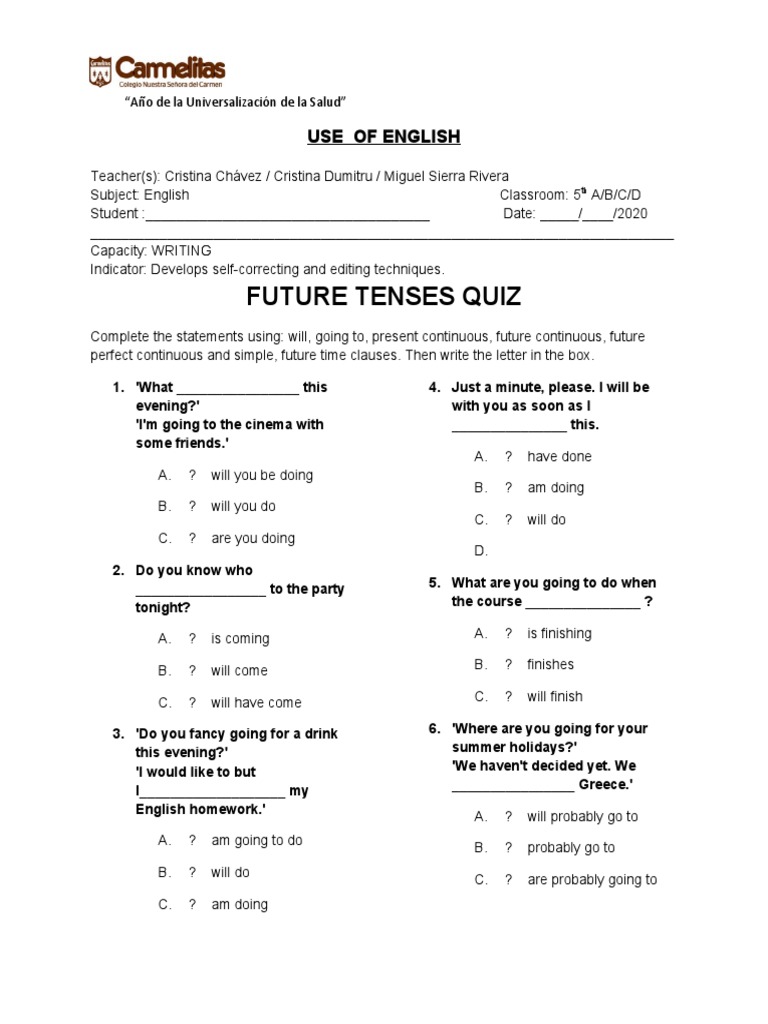 Future Tenses Quiz-Students | PDF | Linguistics