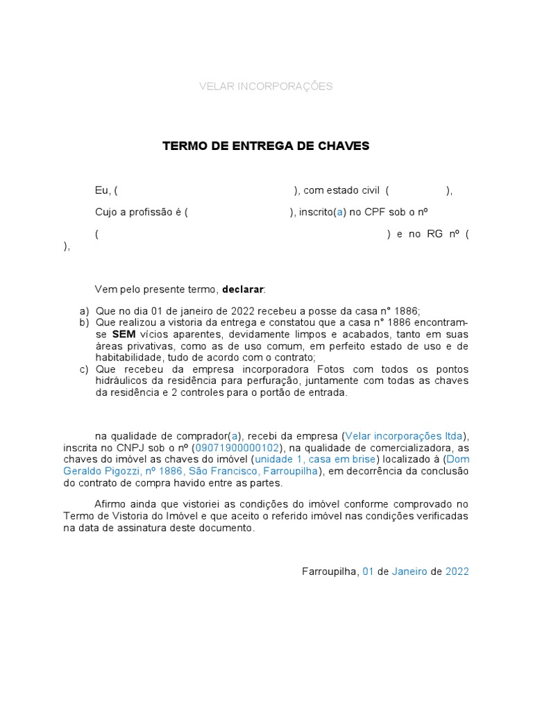 Modelo-de-Recibo-de-Entrega-de-Chaves 2 | PDF