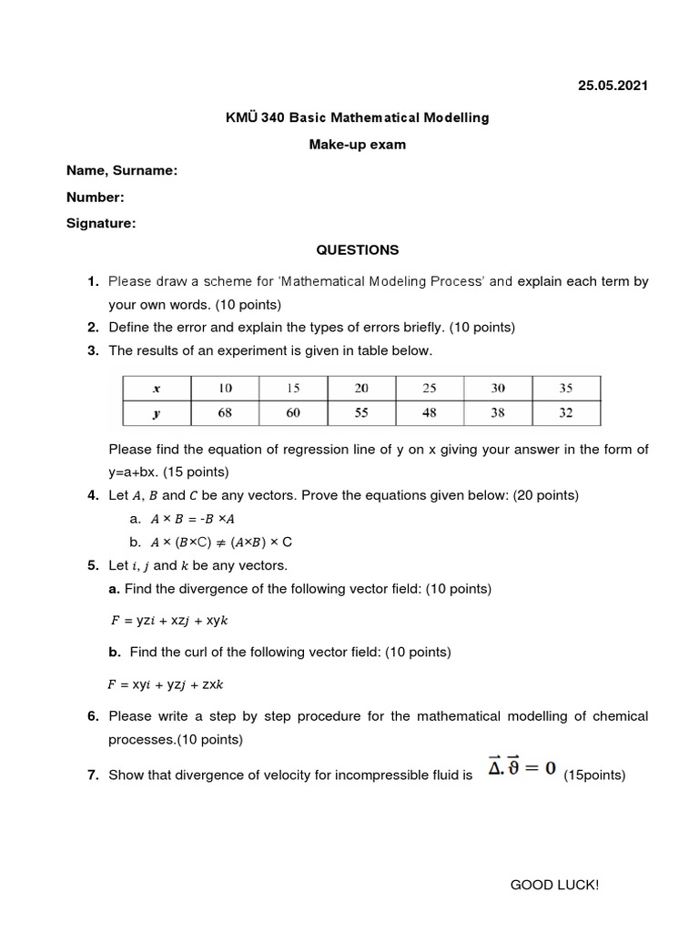 Basic Mathematical Modelling Exam Questions | PDF