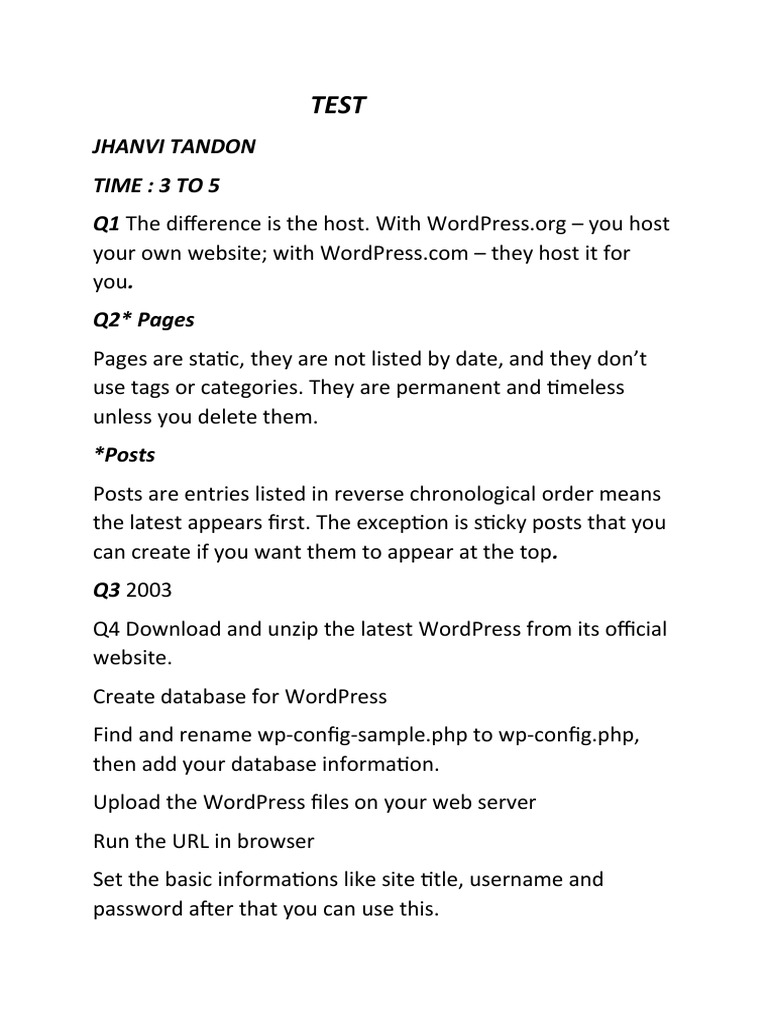 WordPress Interview Questions and Answers: Key Concepts and Features of the Popular CMS | PDF
