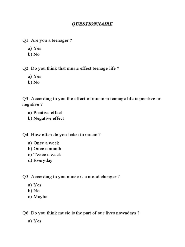 QUESTIONNAIRE For Music | PDF