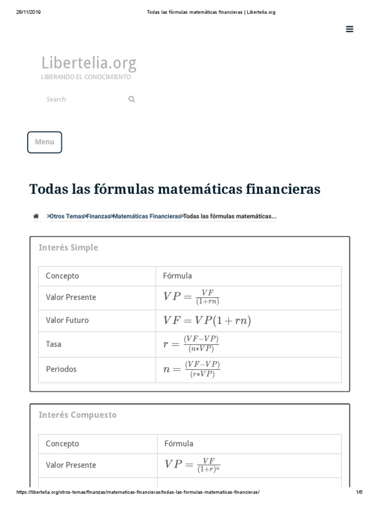 Fórmulas Matemáticas Financieras | PDF | Finanzas Matemáticas ...