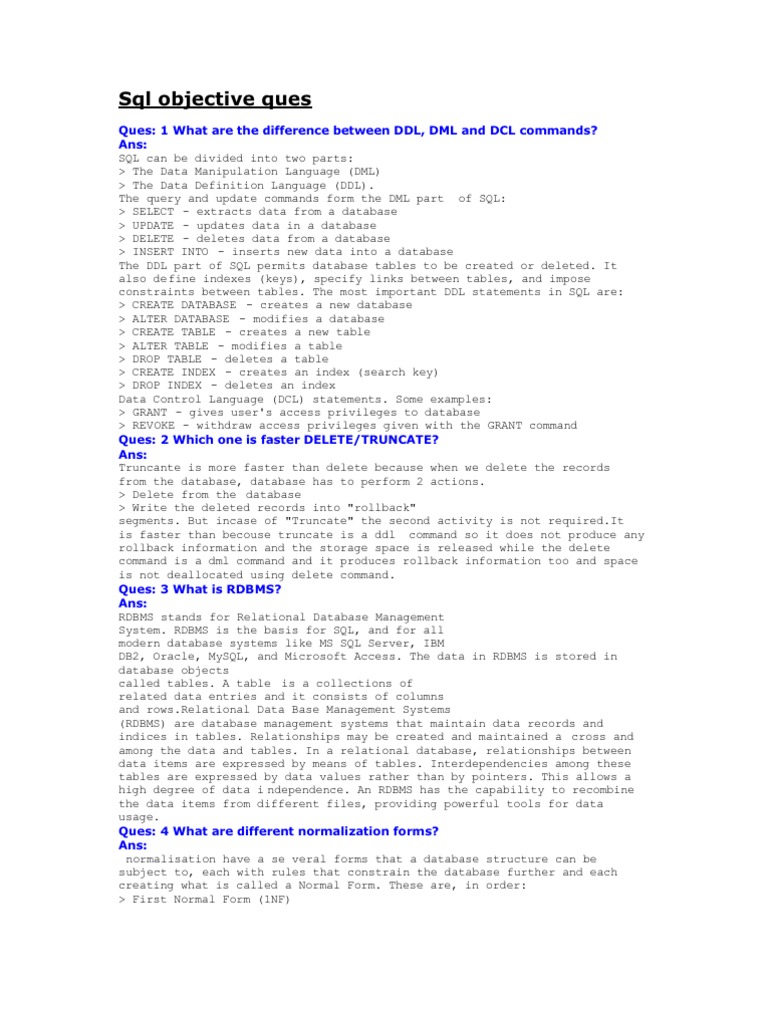 SQL Objective Ques | PDF | Databases | Sql