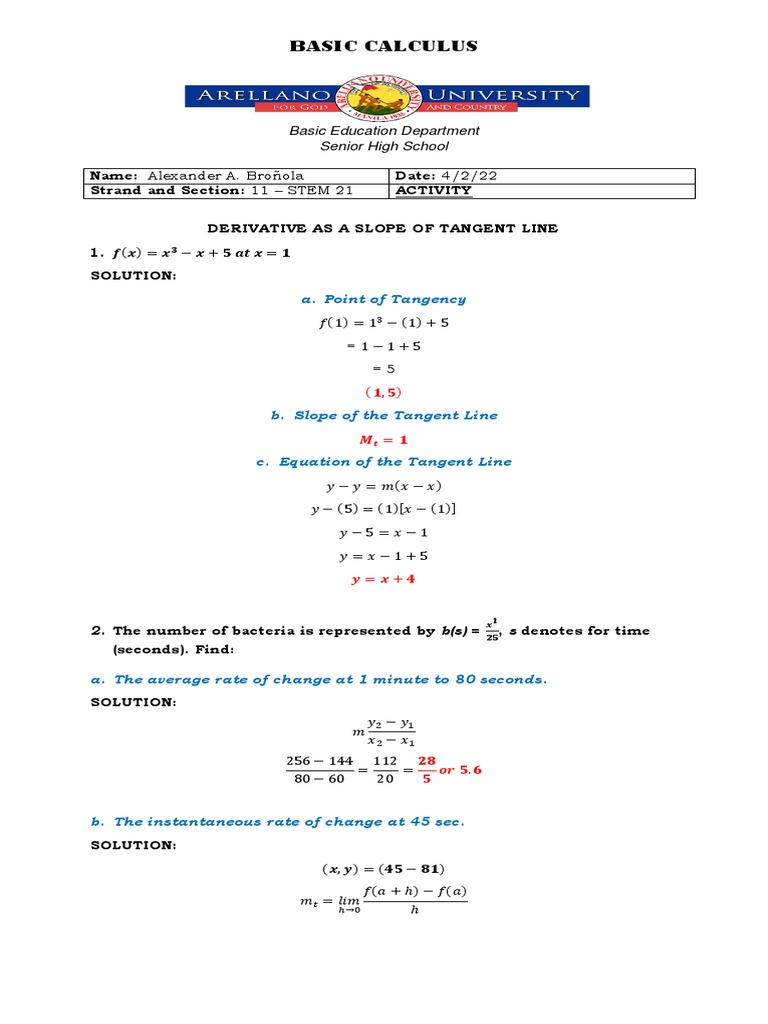 Broñola - Activity (The Derivative As The Slope of Tangent Line) | PDF