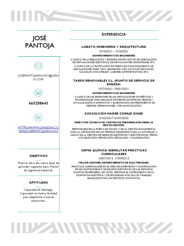Resumen del currículum de José Pantoja Lobato que destaca su experiencia en ingeniería eléctrica ...