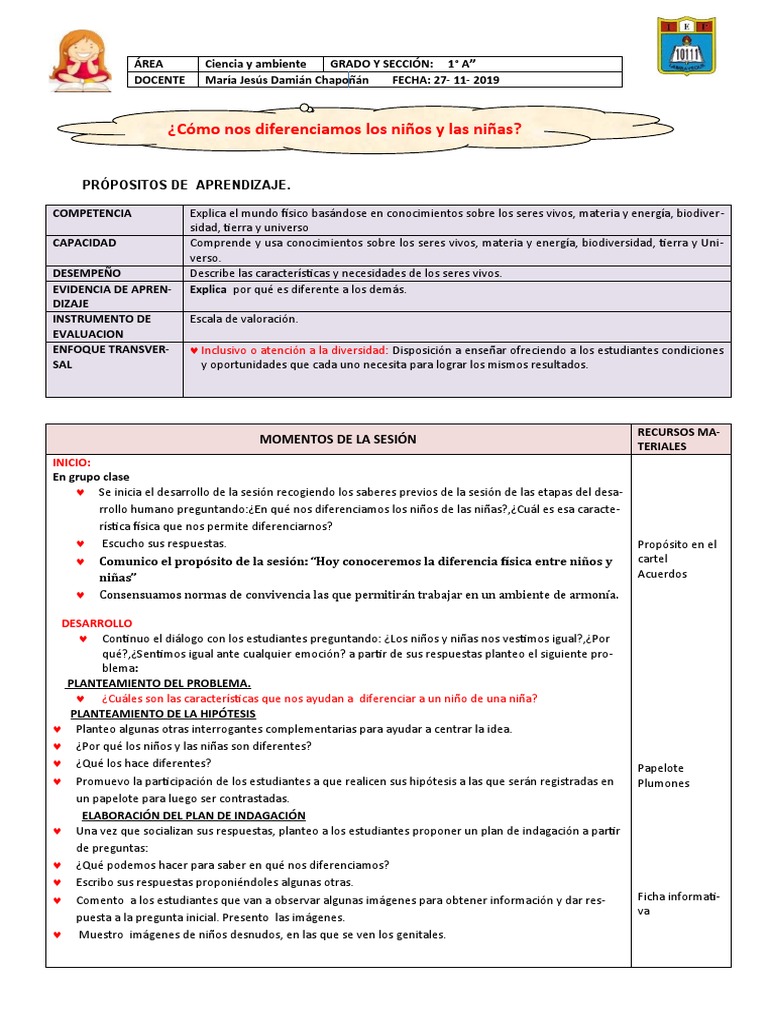 Sesión de Las Diferencias Entre Niño y Niña | PDF | Evaluación
