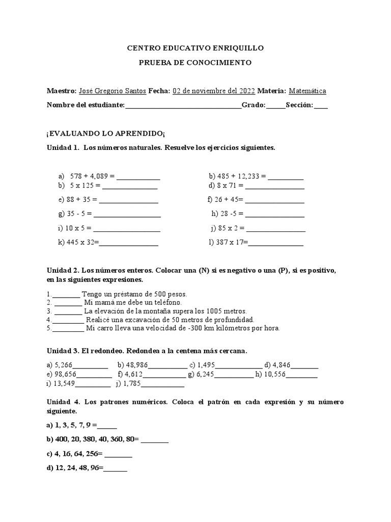 Examen de Sexto Grado de primaria matemática | PDF