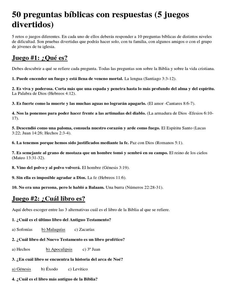 50 Preguntas Bíblicas Con Respuestas (5 Juegos Divertidos) - Su Biblia | PDF | Cristo (título ...