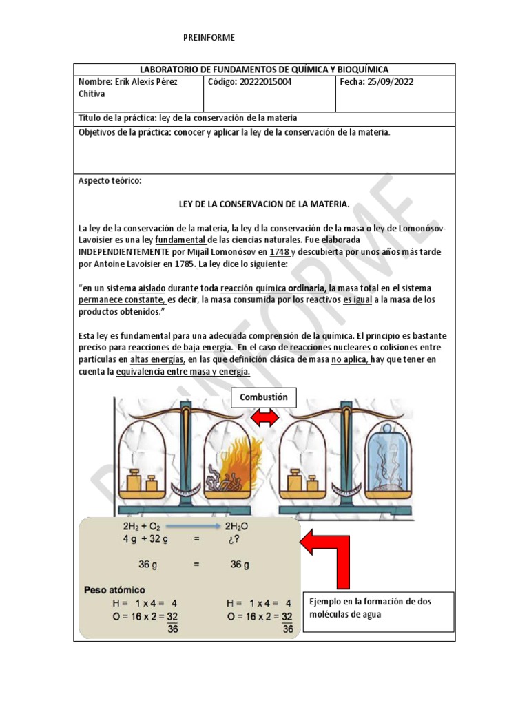 Preinforme Ley de La Conservacion de La Masa | PDF | Sustancias ...