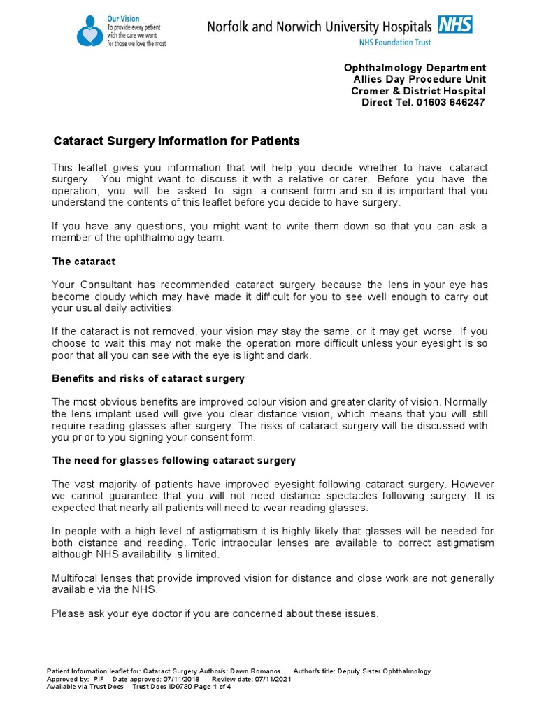 Cataract Surgery Patient Guide | PDF | Myopia | Visual System