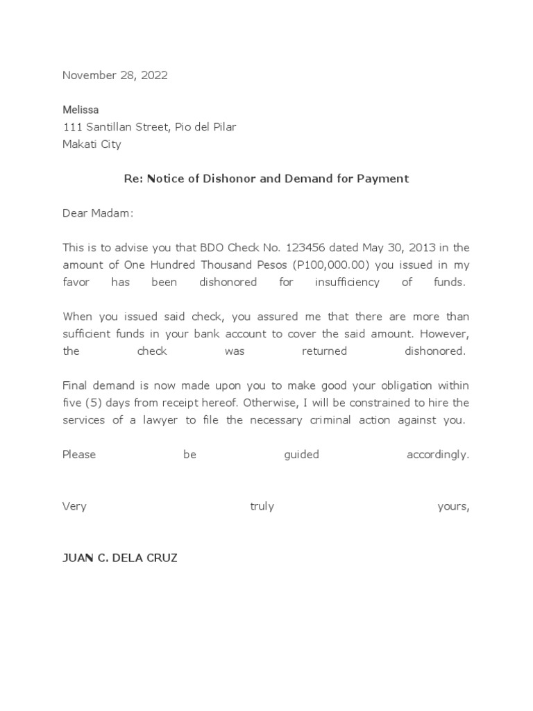 Notice of Dishonor Sample | PDF