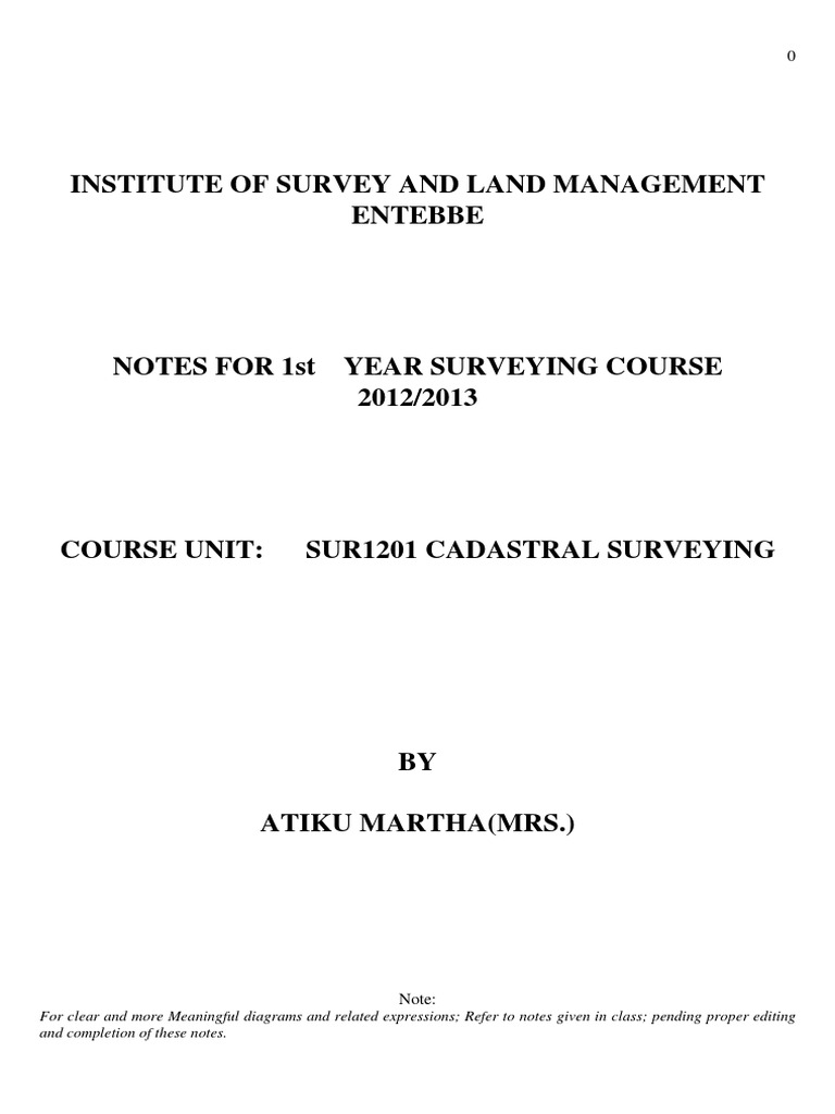 Cadastral Surveying Course Notes | PDF | Surveying | Land Lot