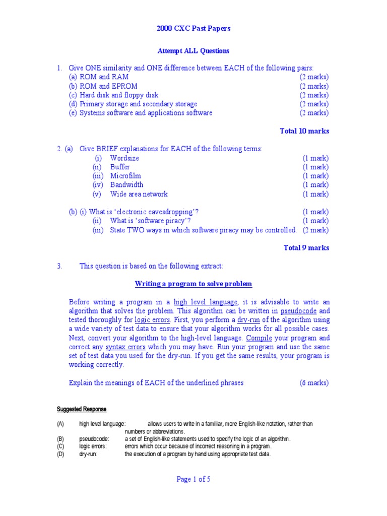 2000 CXC Past Papers: Attempt ALL Questions | PDF | Programming | Computer Program