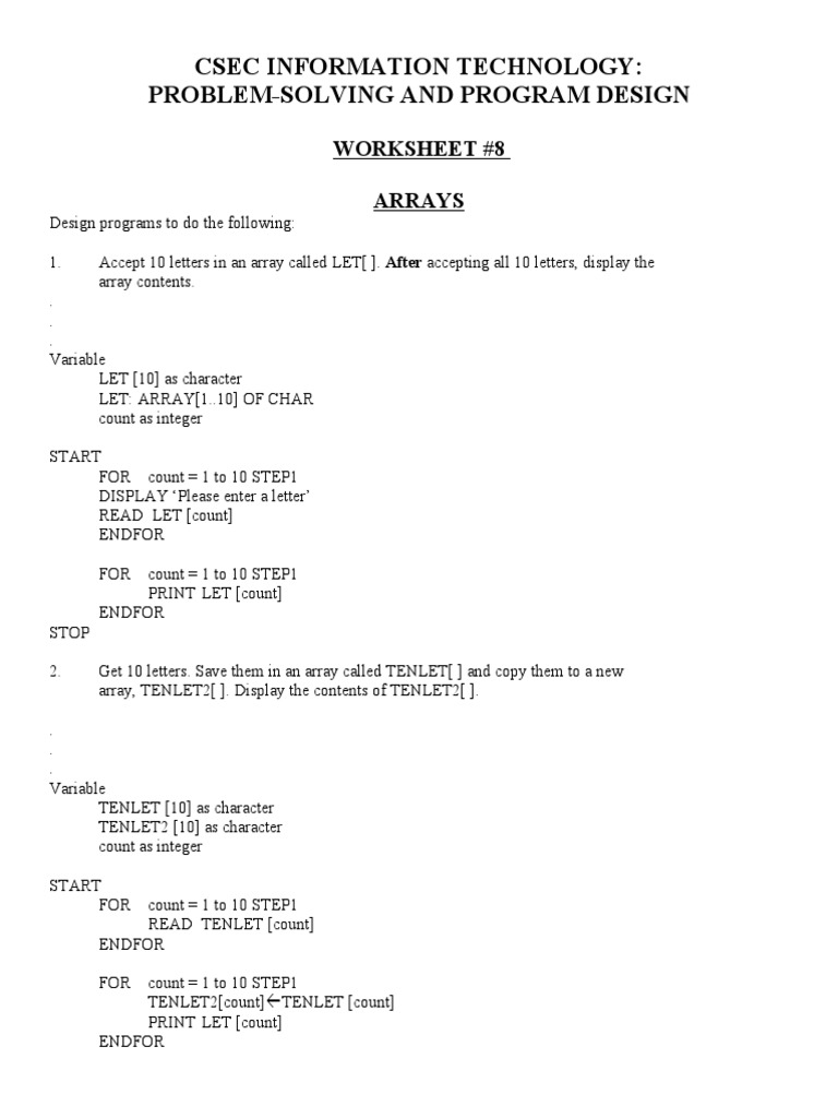 Arrays Worksheet Pdf Array Data Type Control Flow