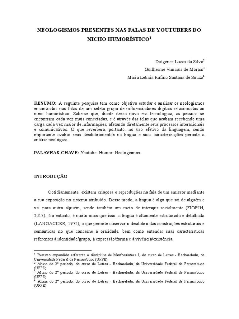Resumo Expandido: NEOLOGISMOS PRESENTES NAS FALAS DE YOUTUBERS DO NICHO ...