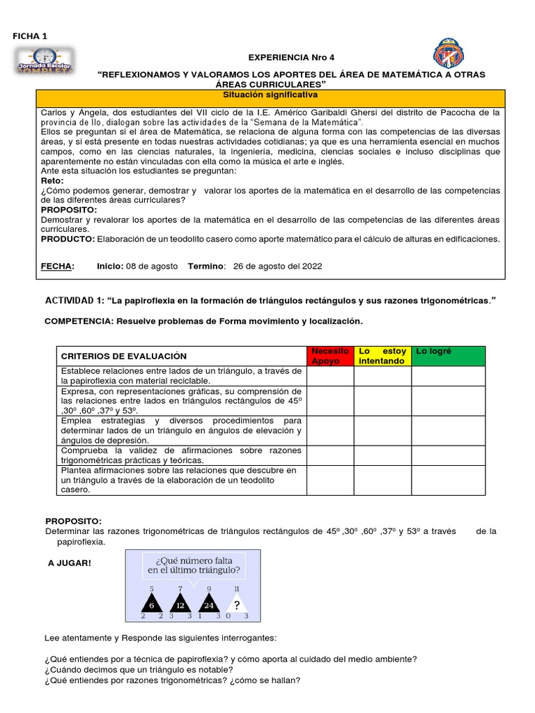 Ficha 1 - Act1 - 5to - Exp04. | PDF | Funciones trigonométricas | Triángulo