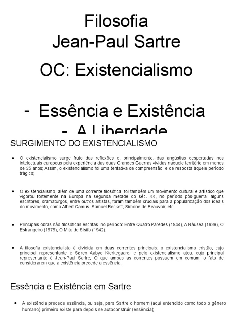 Filosofia Jean-Paul Sartre - Essência - Existência | PDF ...
