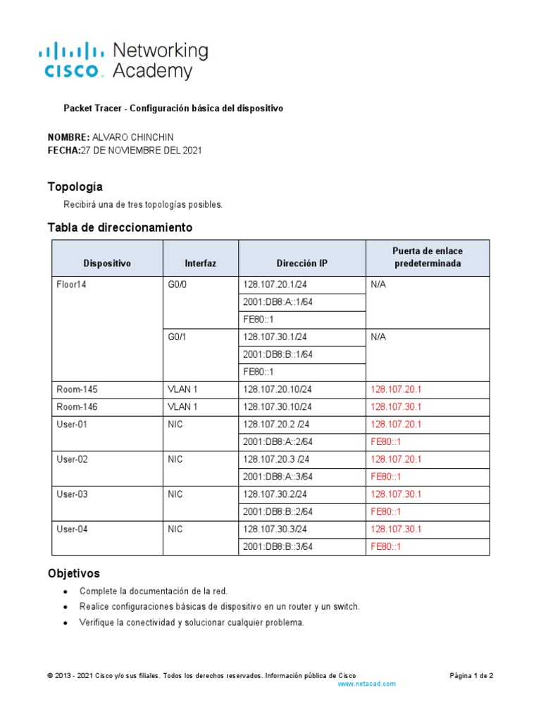 10 4 3 Packet Tracer Basic Device Configuration Pdf Yo Pv6