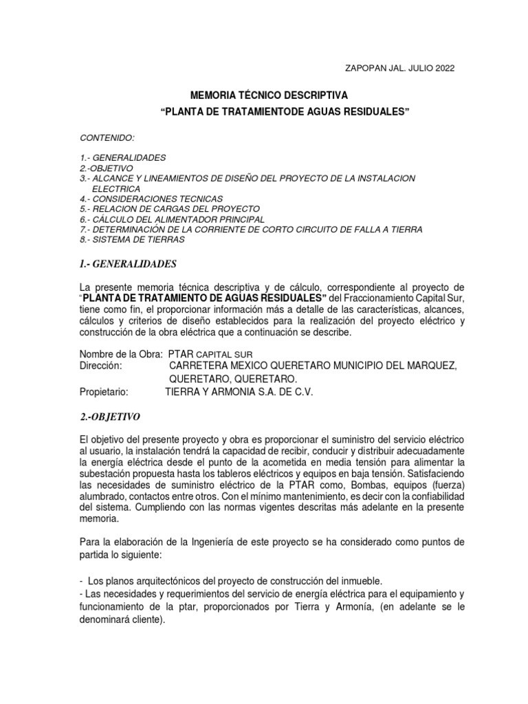 Memoria Tecnica-Descriptiva Ptar Capital Sur | PDF | Ingenieria Eléctrica | Transformador