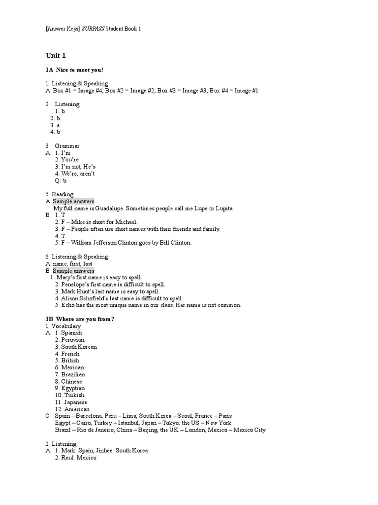 SURPASS 1 Student Book Answer Key | PDF | Lunch | Minneapolis