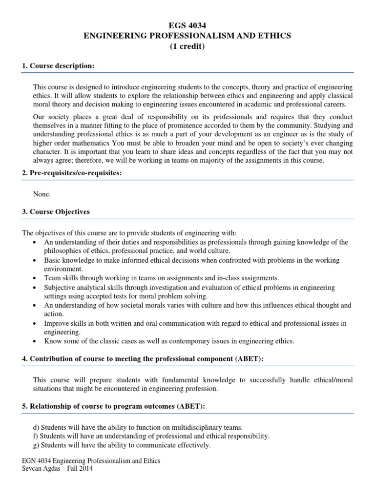 Engineering Professionalism and Ethics Course Overview | PDF | Engineering | Knowledge