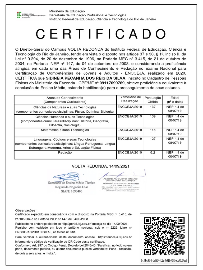 Encceja Campus Volta Redonda-Certificado Encceja Campus Volta Redonda ...