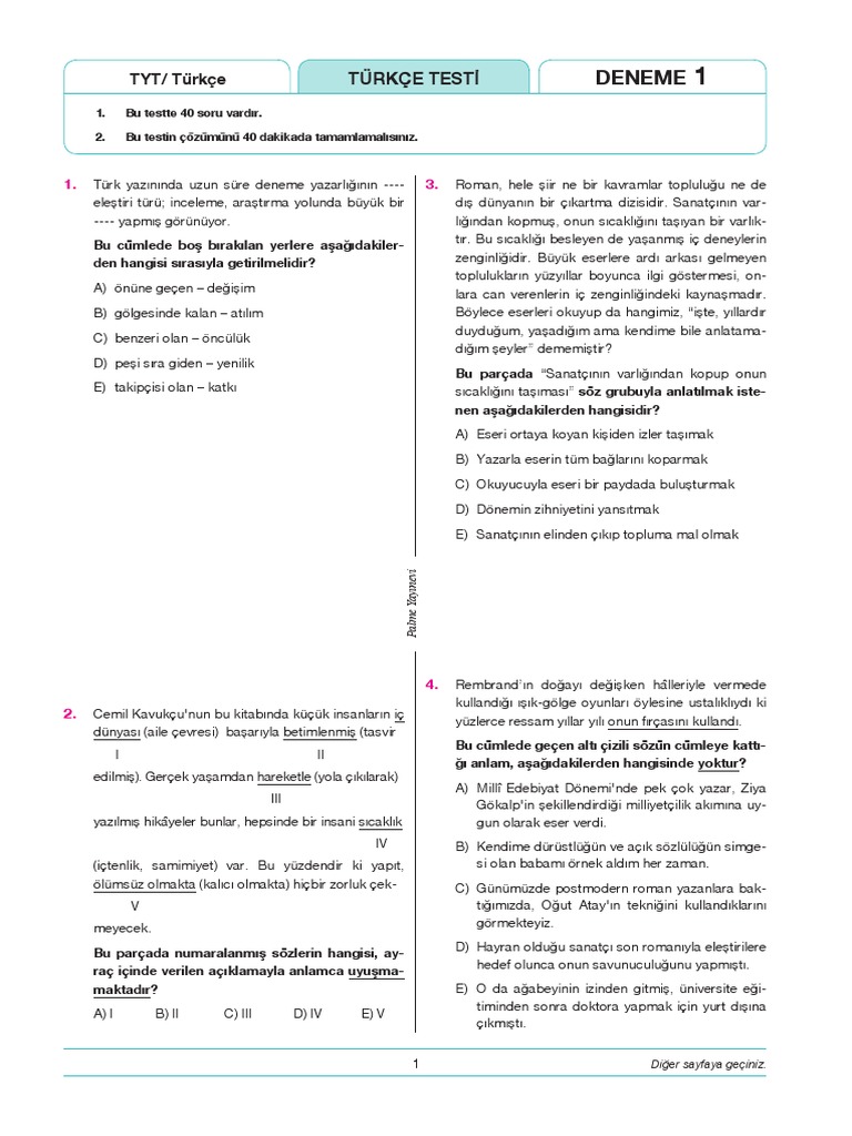 Tyt Turkce Dersi Deneme Sinavi 1 | PDF