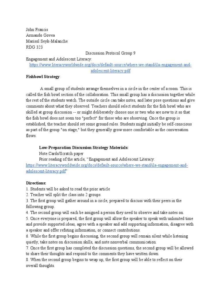 Discussion Protocol RDG 323 | PDF | Literacy | Disciplines