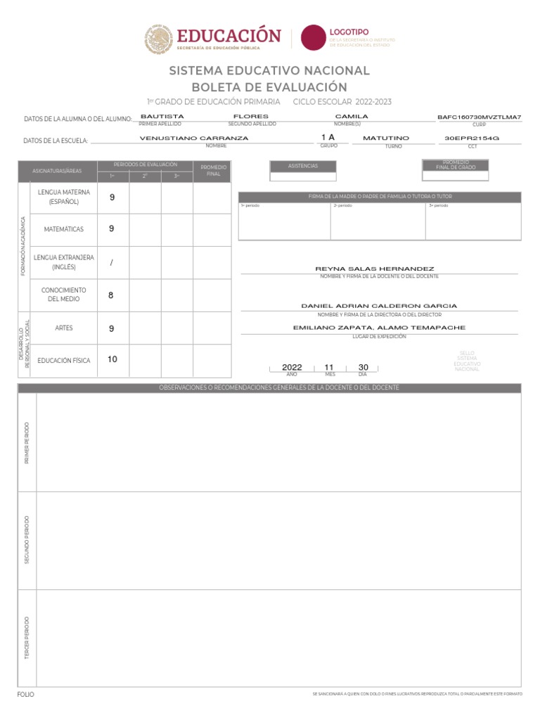 Boleta de Evaluación 1er Grado 2022-2023 | PDF | Educación primaria