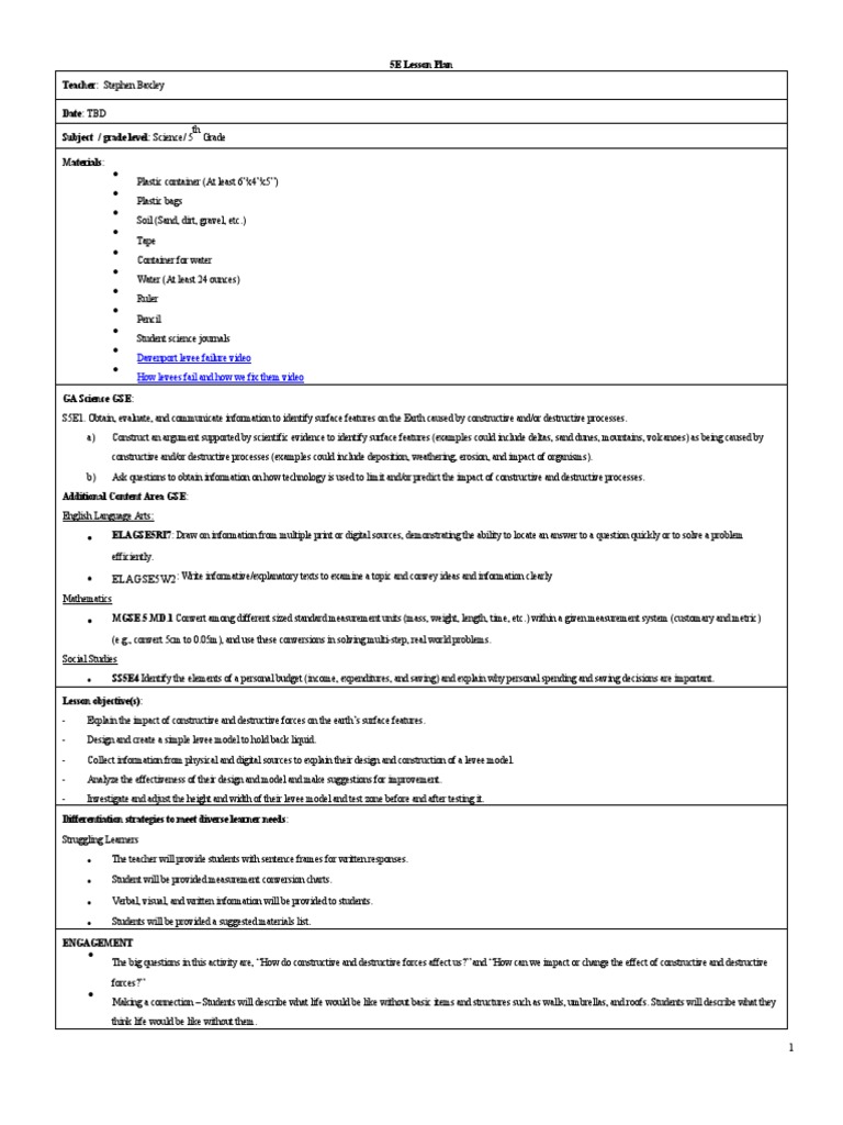 5e Lesson Plan SB | PDF | Levee | Science