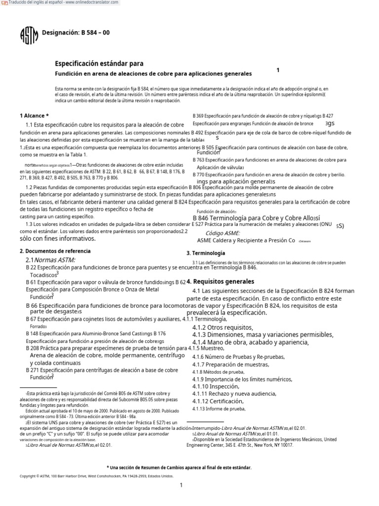 ASTM Designation B584-2000.en - Es | PDF | Cobre | Bronce