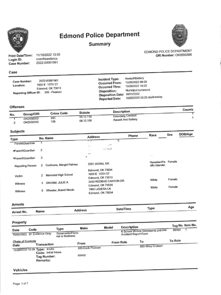 Edmond Police Report - Incident 10-26-22 | PDF