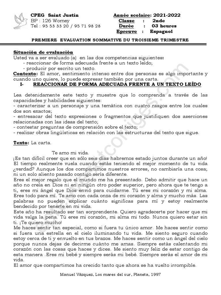 1er Devoir Du 3ème Trimestre Espagnol 2nde Ab 2021 2022 Cpeg Saint