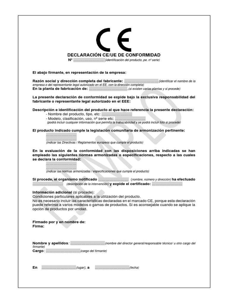 Ejemplo de Declaración CE de Conformidad | PDF