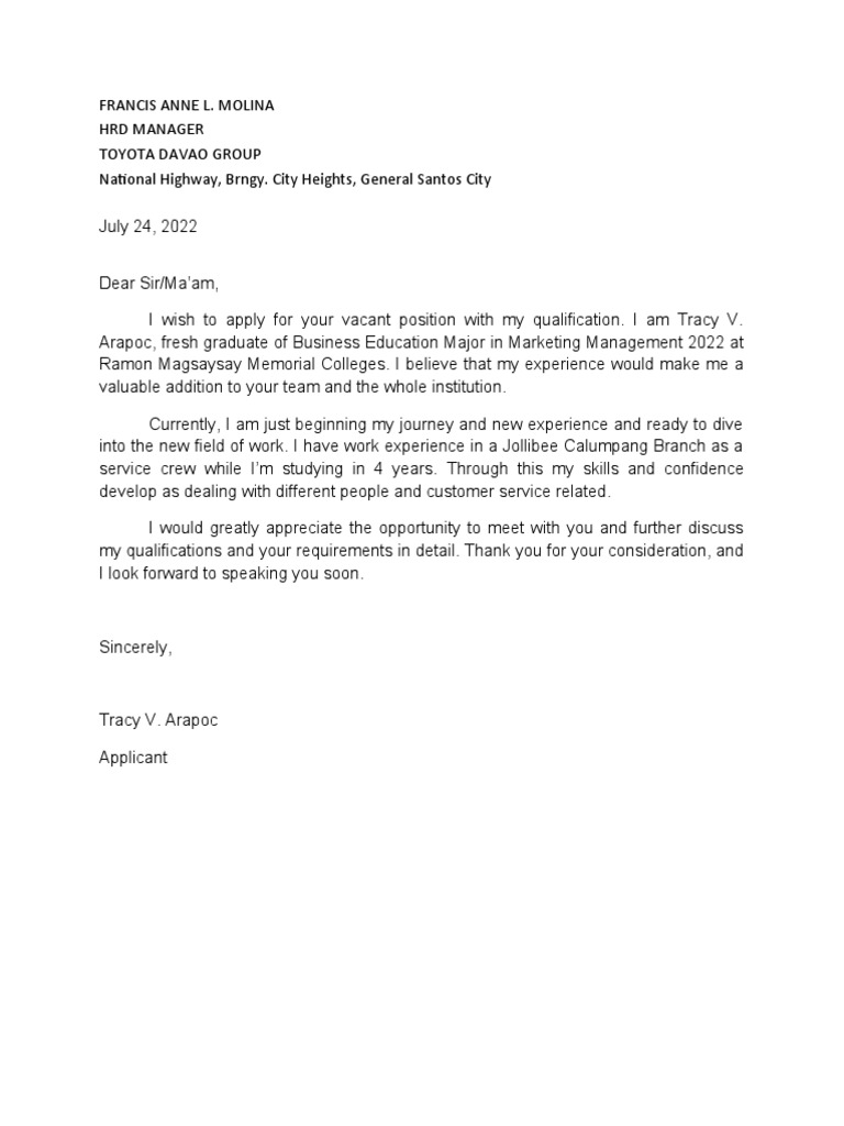 Applivation Letter Tracyyy | PDF | Career & Growth