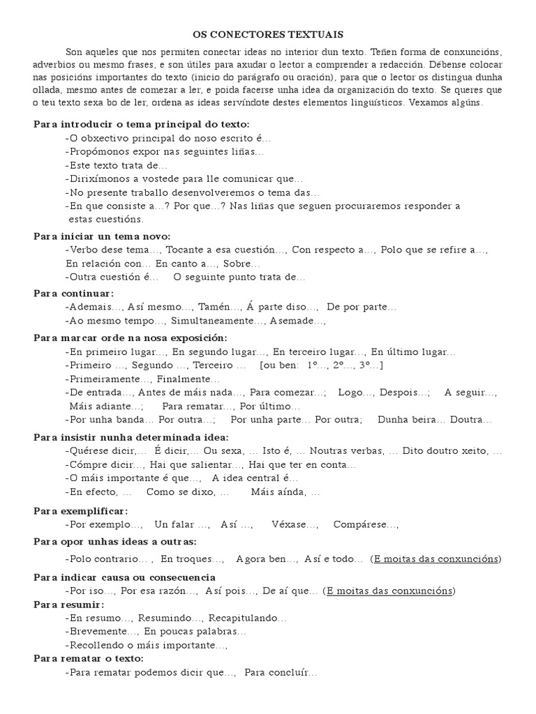 Conectores Textuais en Galego | PDF