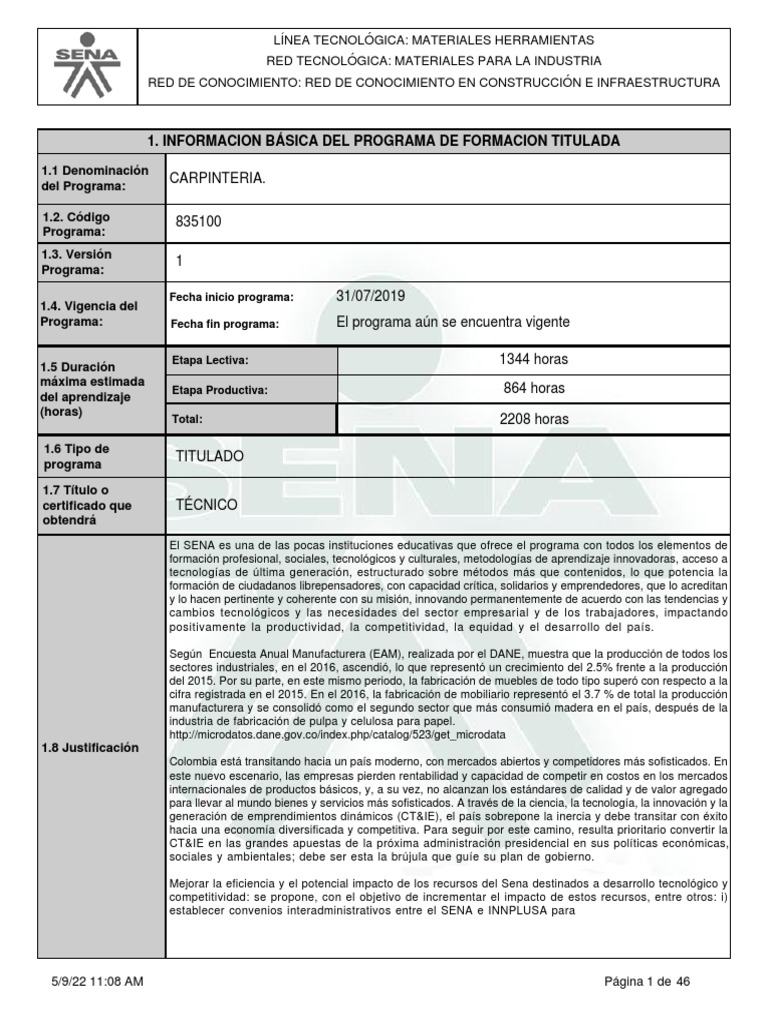 Programa de Formación Titulada CARPINTERIA. | PDF | Física | Entorno natural