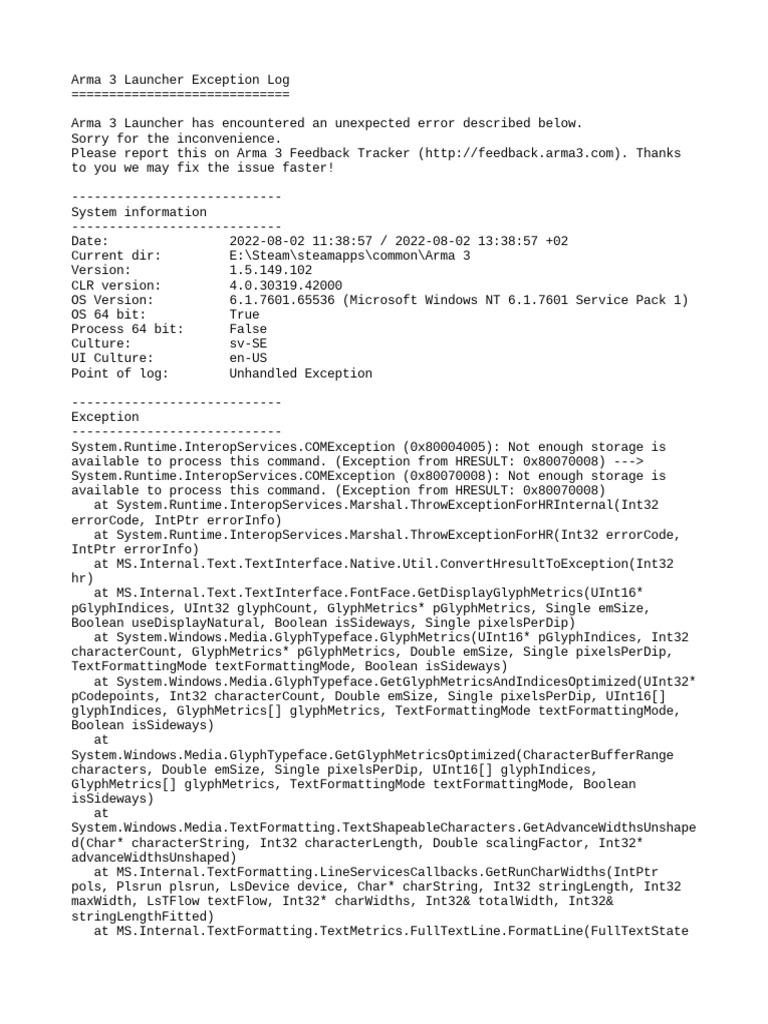 Arma3Launcher Exception 20220802T113858 | PDF | Callback (Computer Programming) | Microsoft Software
