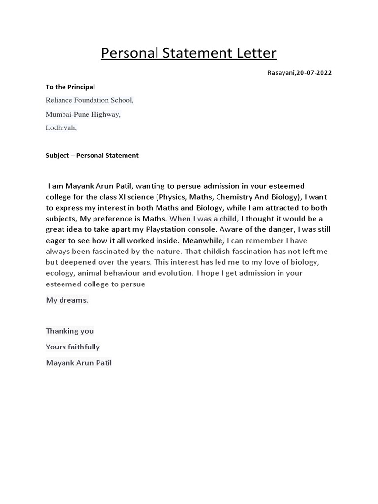 Personal Statement Letter PCMB | PDF | Wellness