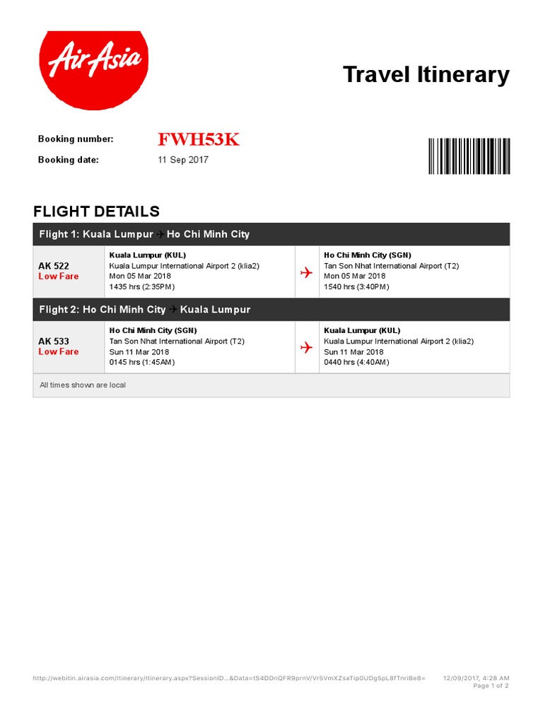 AirAsia Travel Itinerary - Booking No. (FWH53K) | PDF