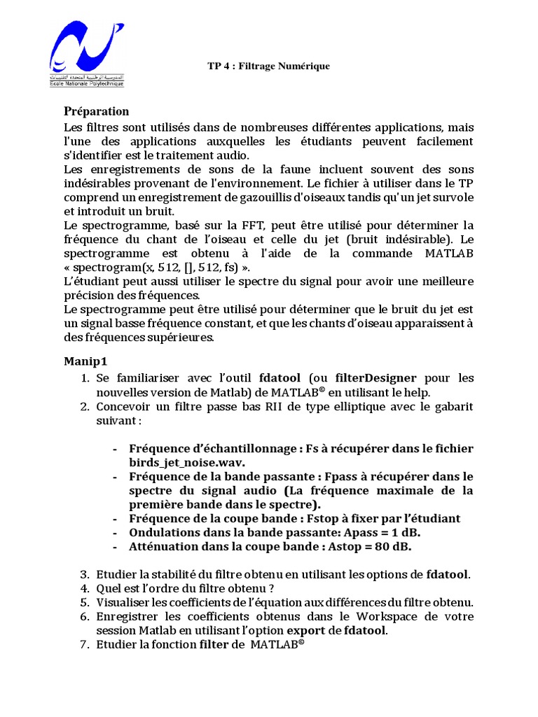 Filtrage Numérique Audio avec MATLAB | PDF | Filtre (électronique ...