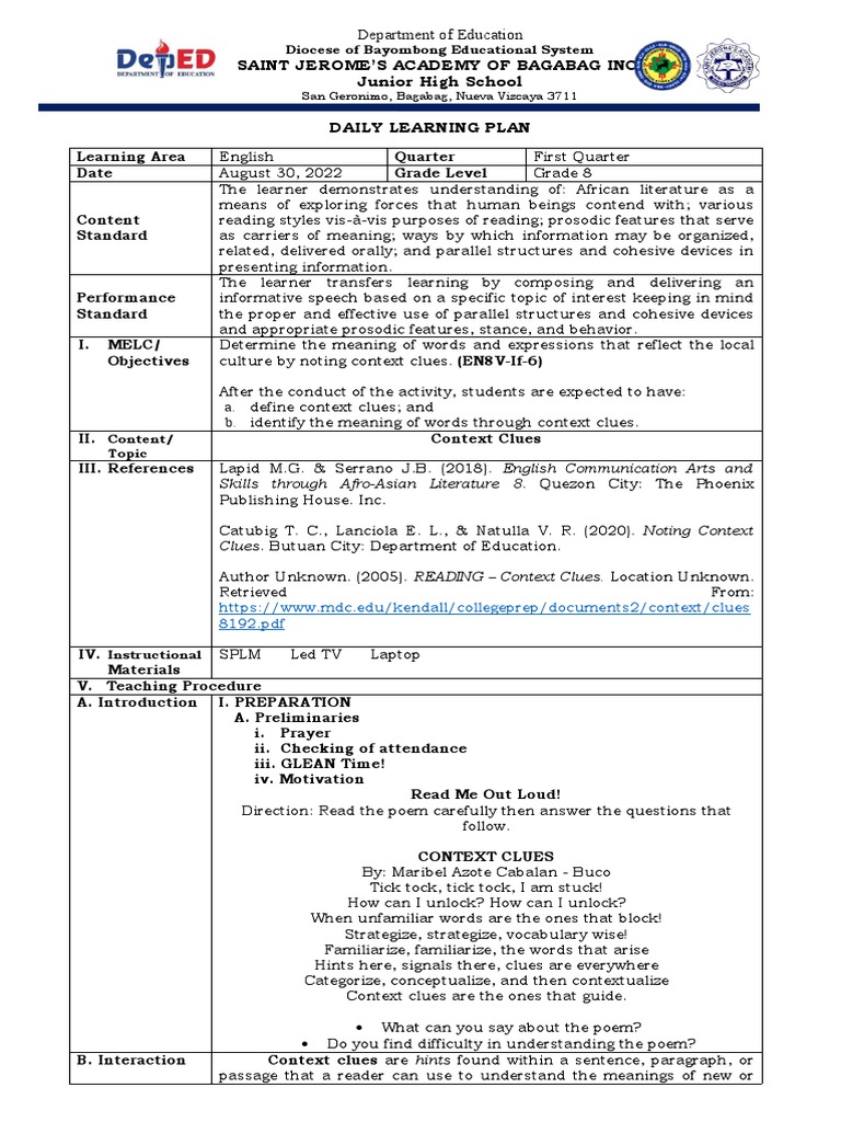 DLP English 8 q1w1d1 | Download Free PDF | Learning | Vocabulary