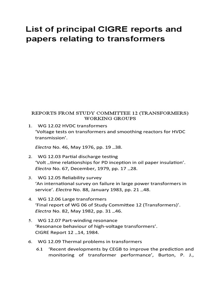 List of Principal CIGRE Reports and Papers Relating To Transformers ...