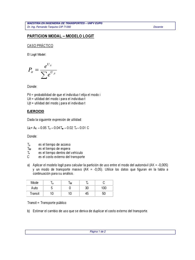 Particion Modal-El Logit Model-Problema | PDF | Transporte