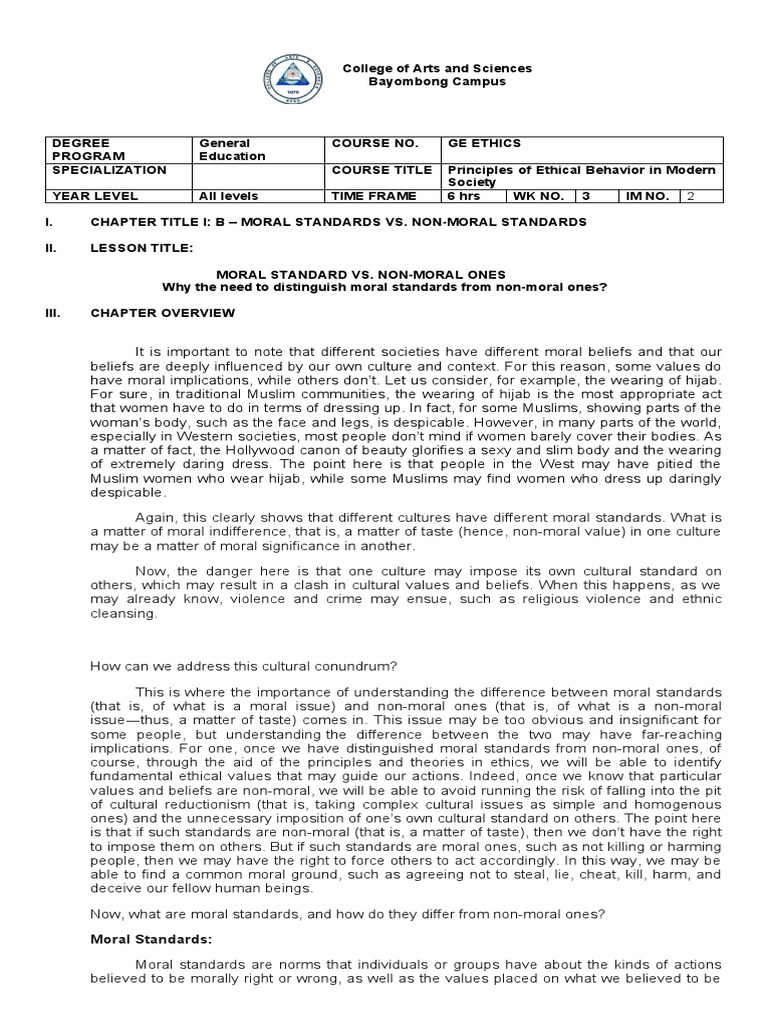 Chapter I B Nvsu Module Template Ge Ethics 2 | PDF | Morality | Organ Transplantation
