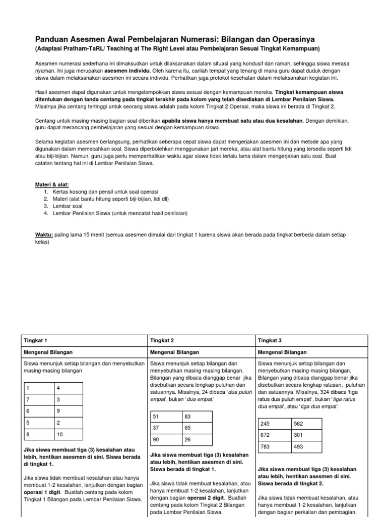 Panduan Asesmen Awal Pembelajaran Numerasi | PDF